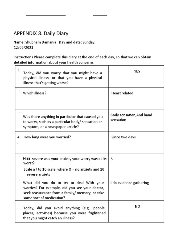 APPENDIX 8. Daily Diary | PDF | Self-Improvement | Wellness