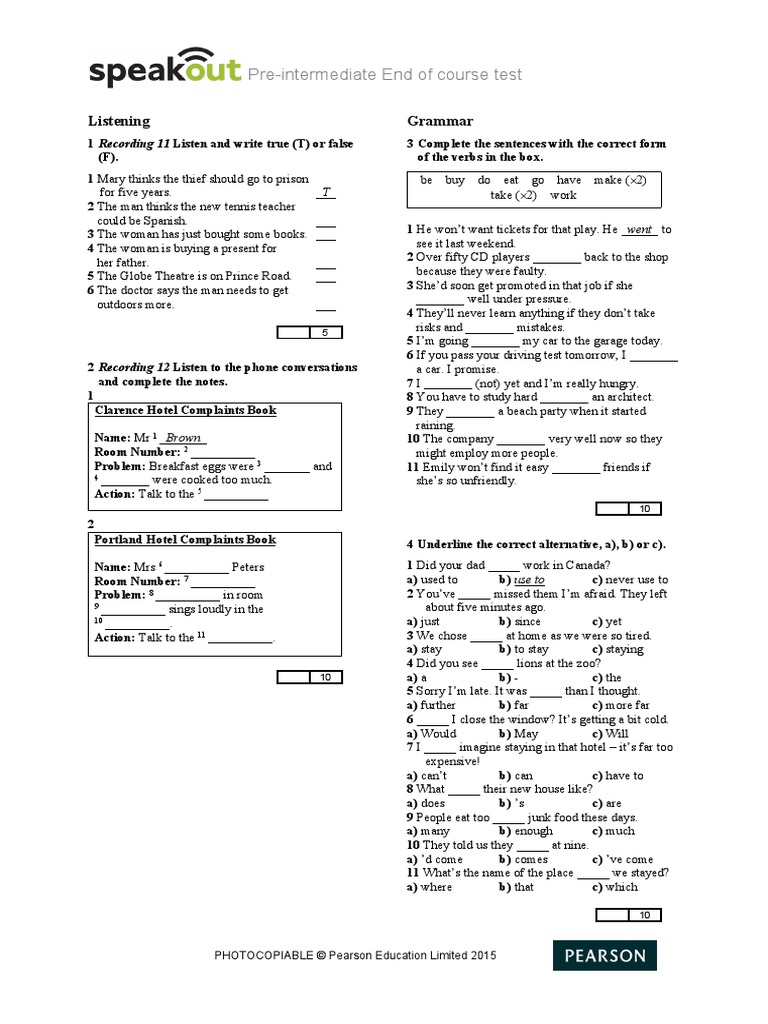 Pre-Intermediate End of Course Test: Listening Grammar | PDF