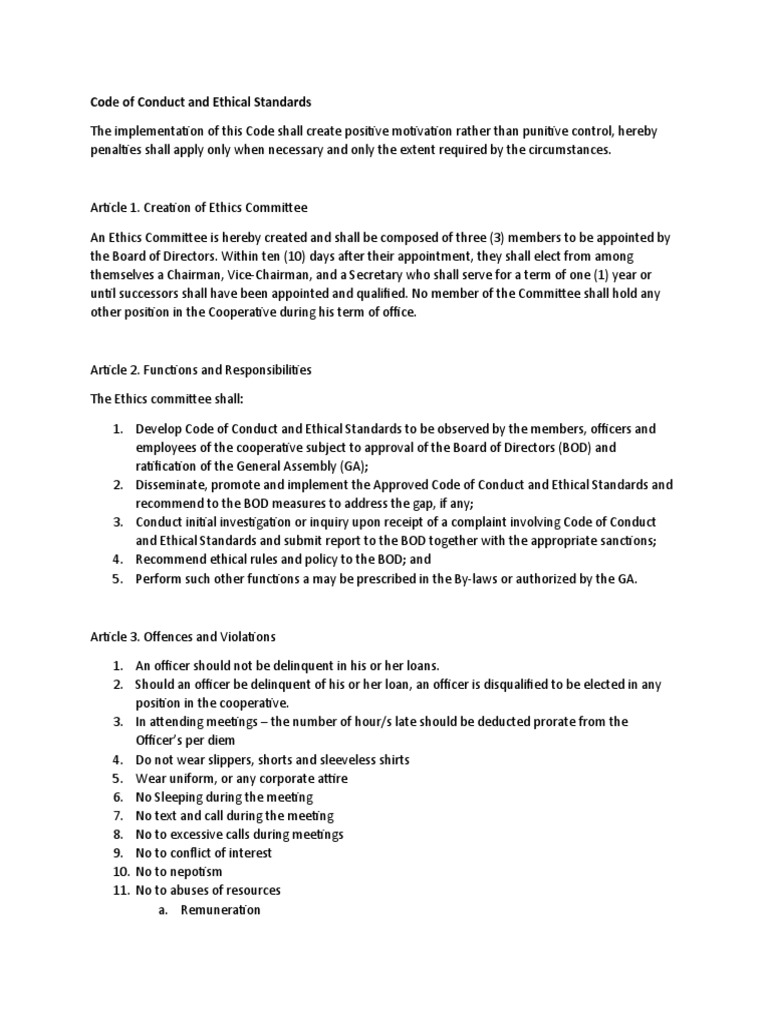 Draft Code of Conduct and Ethical Standards | PDF | Board Of Directors ...