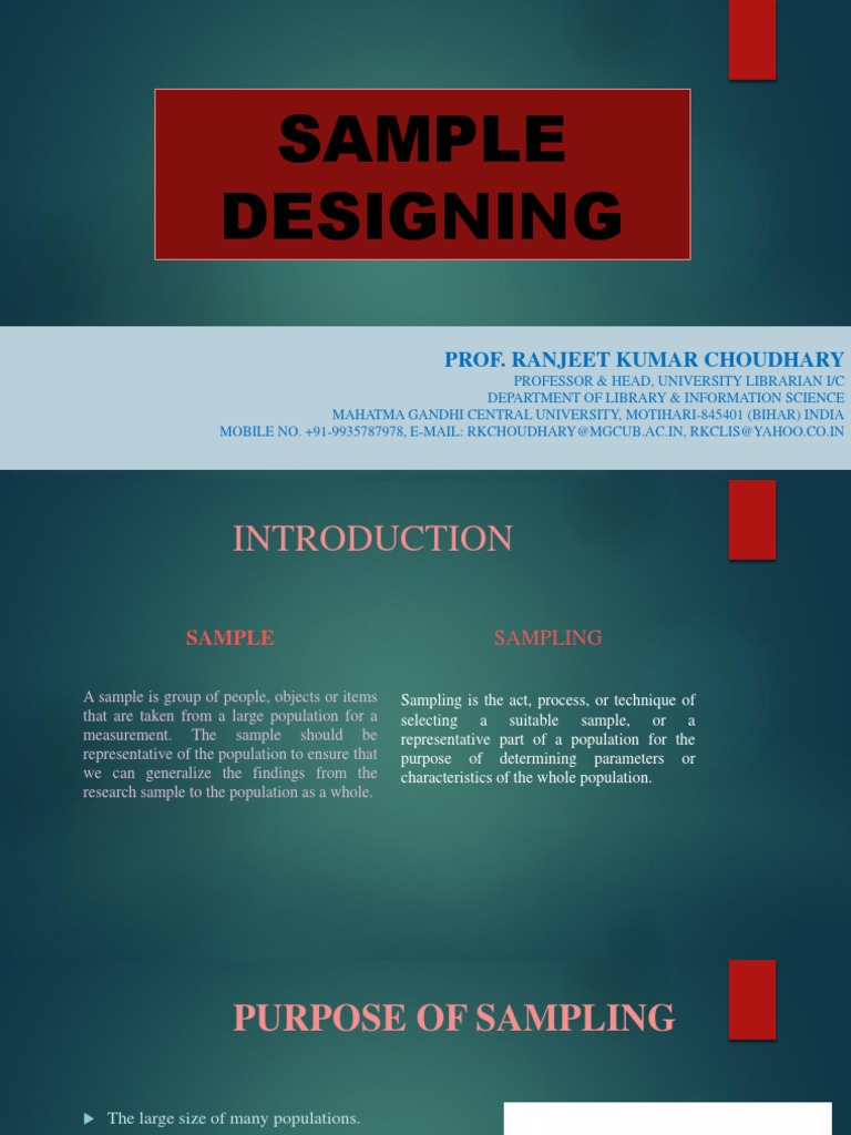 Sample Designing: Prof. Ranjeet Kumar Choudhary | PDF | Sampling (Statistics) | Confidence Interval