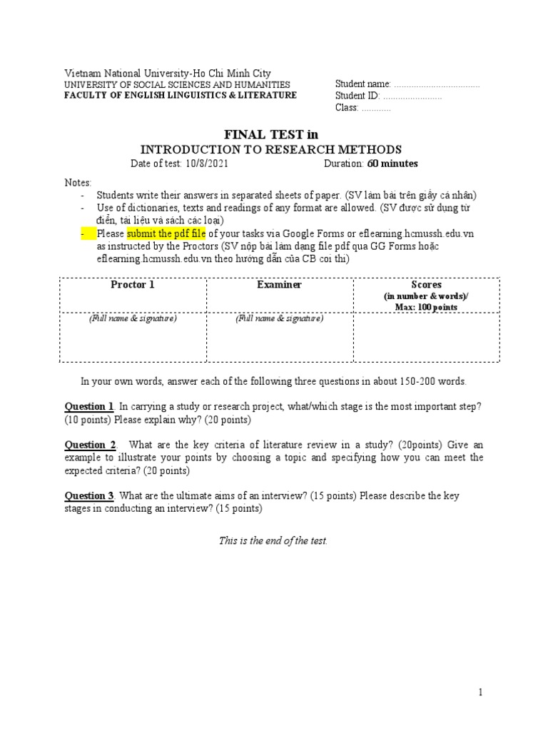 Final Test: Research Methods Exam | PDF | Language Arts & Discipline ...