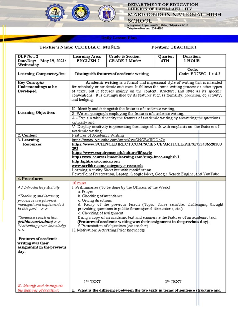 Simplified COT 2 Distinguish Features of Academic Writing | PDF ...