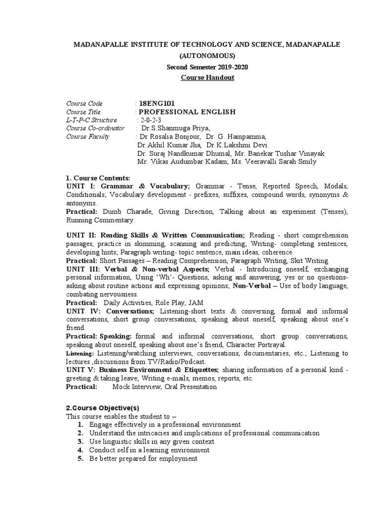 2 Professional English-Handout | PDF | Reading Comprehension | Conversation