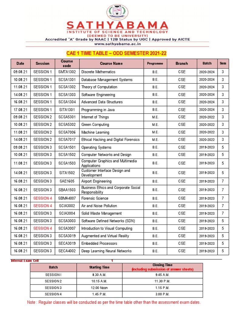 CAE 1 Time Table - Odd Sem 2021-22 | PDF | Electronic Engineering | Electrical Engineering