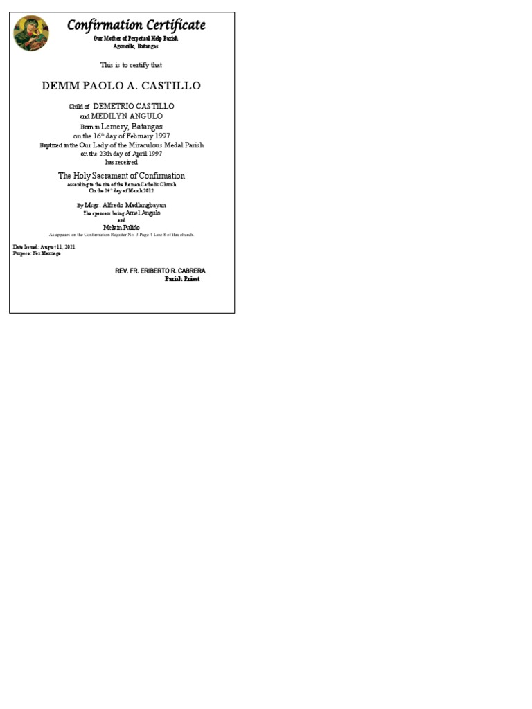 Confirmation Certificate for Marriage | PDF