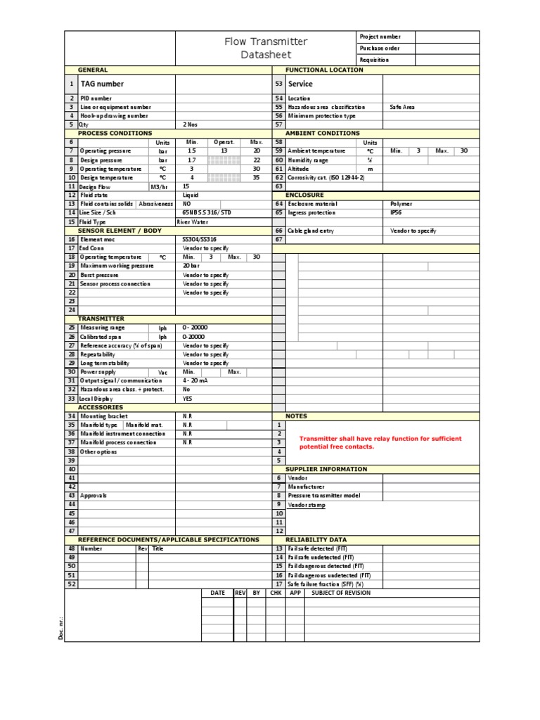 Flow Transmitter Datasheet: TAG Number Service | PDF | Electrical ...