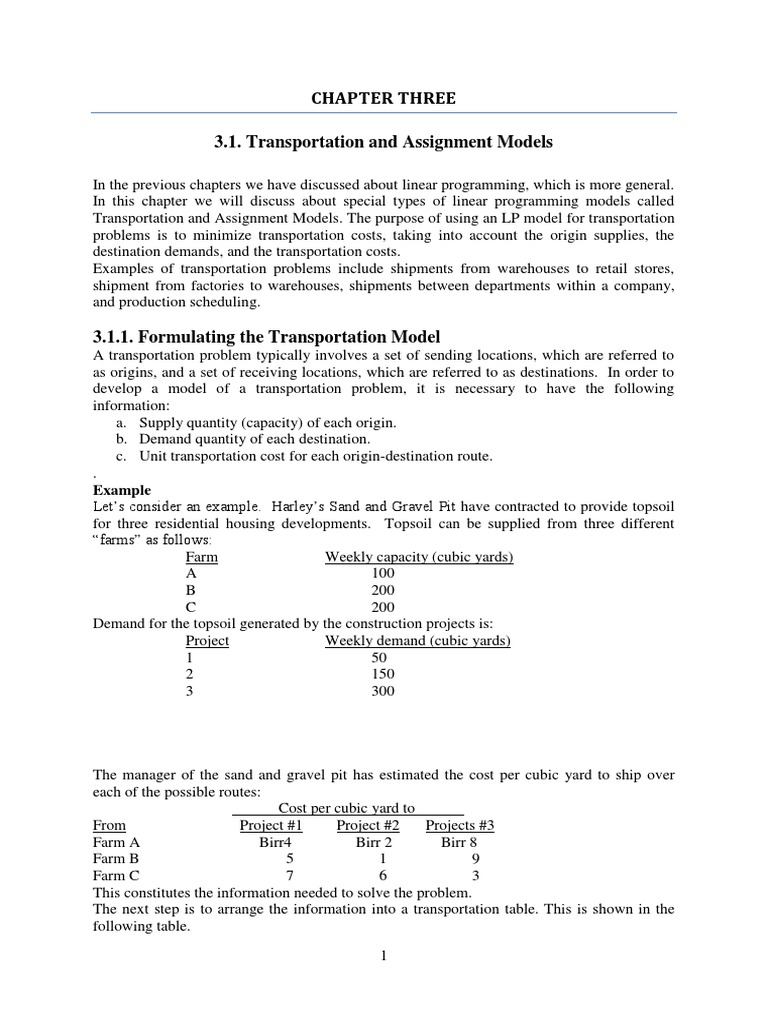 Chapter Three 3.1. Transportation and Assignment Models: Example ...