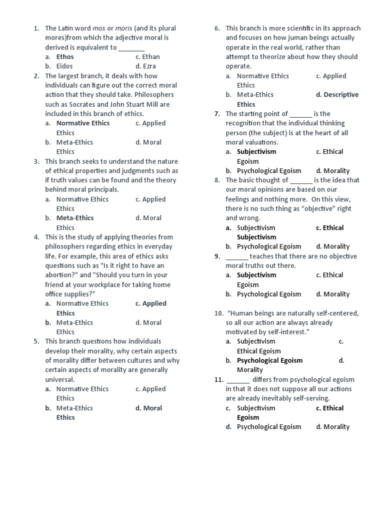 Quiz For Ethics | PDF | Morality | Objectivity (Philosophy)