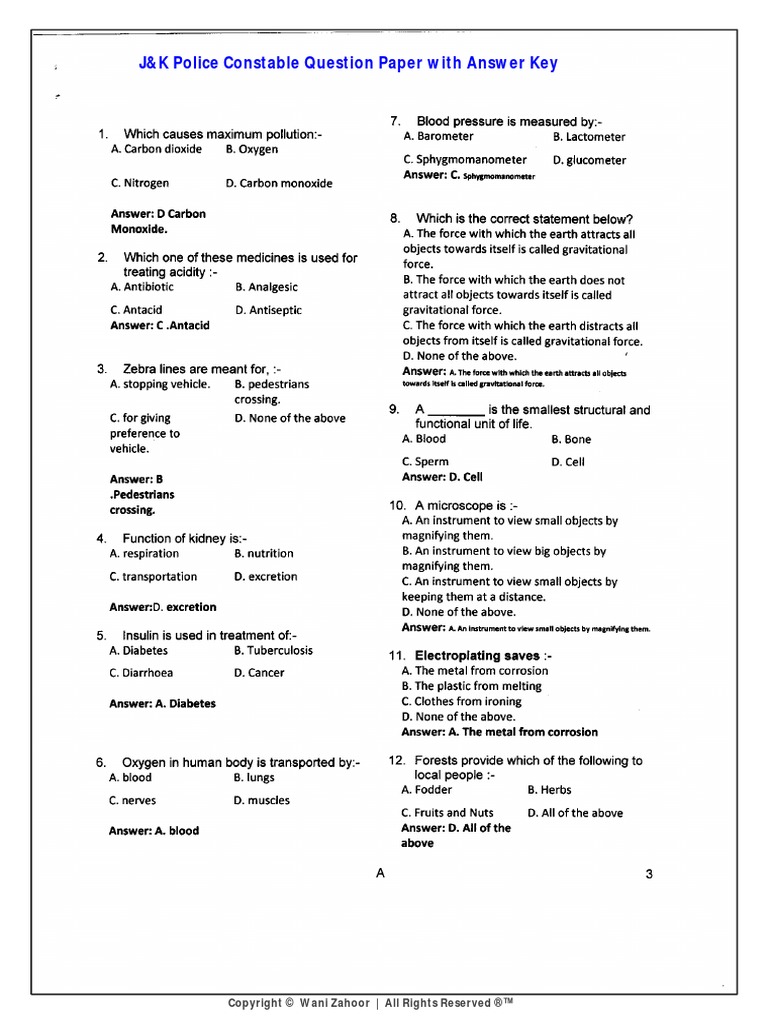 JK Police Constable Paper With Answer Key-2017 | PDF