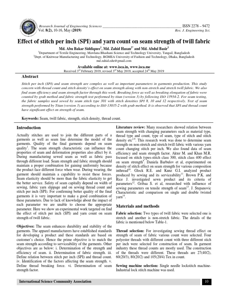 Effect of Stitch Per Inch (SPI) and Yarn Count On Seam Strength of ...
