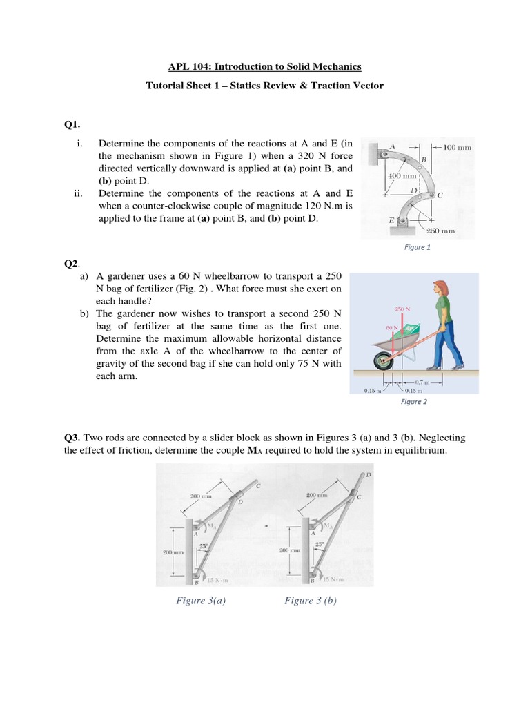 APL 104: Introduction To Solid Mechanics Tutorial Sheet 1 - Statics ...