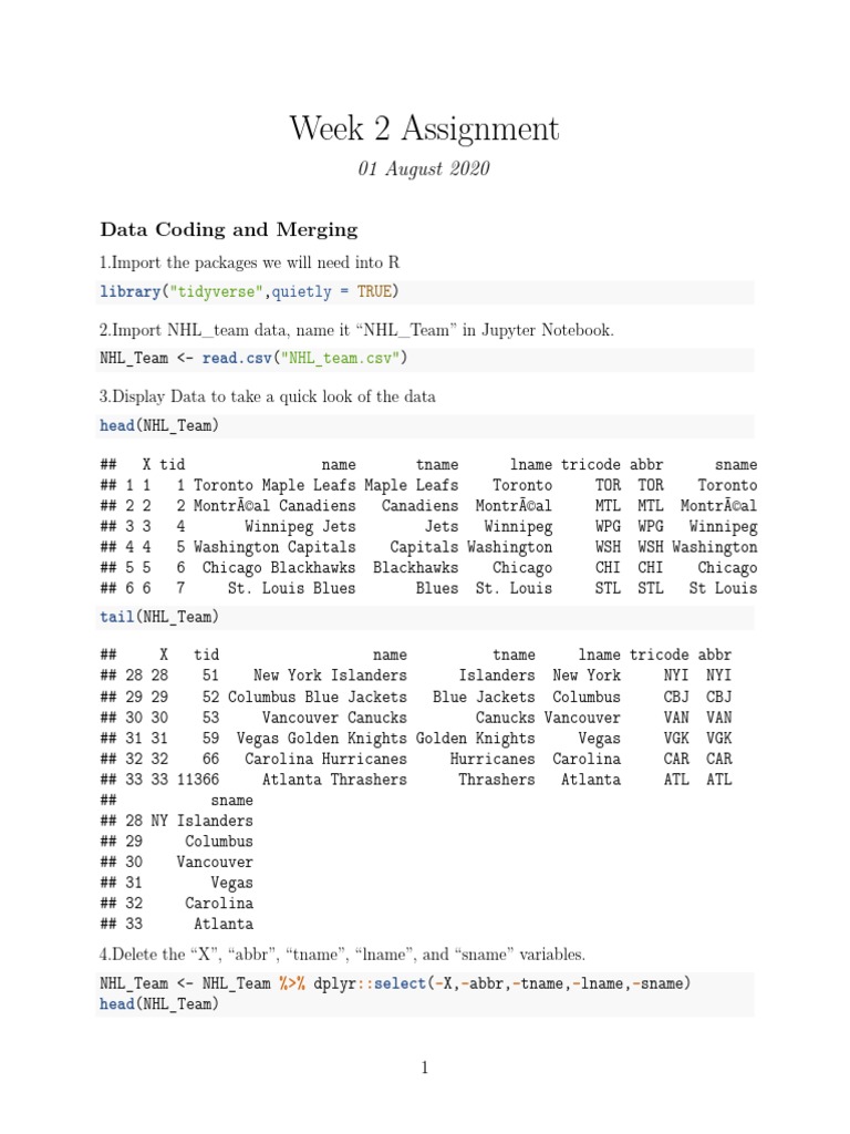 Week 2 Assignment: Data Coding and Merging | PDF | National Hockey ...