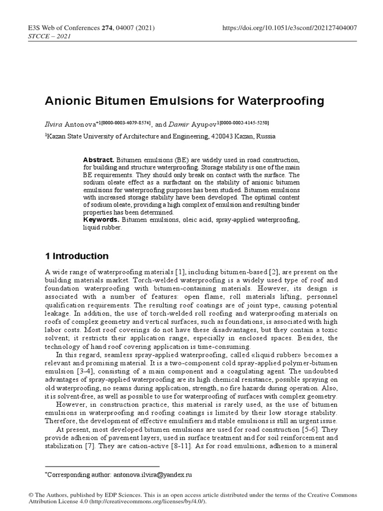 Anionic Bitumen Emulsions For Waterproofing | PDF | Emulsion | Asphalt