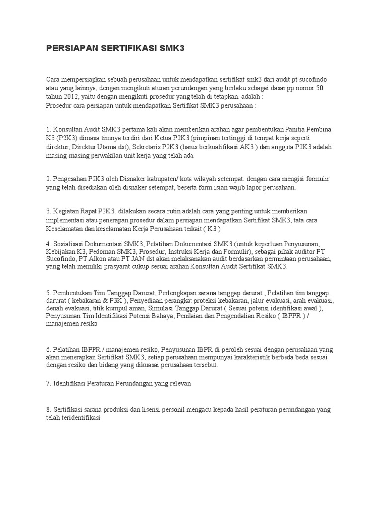 Persiapan Sertifikasi SMK3 | PDF | Teknologi & Rekayasa
