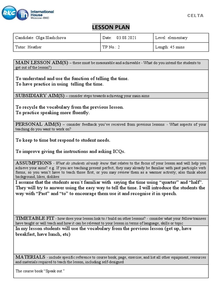 CELTA Lesson Plan: Telling Time | PDF | Question | Lesson Plan