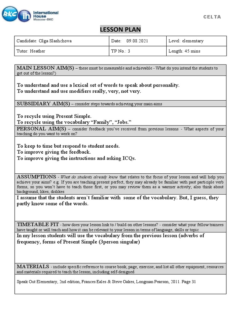Lesson Plan TP# - Olga Slashchova2 | PDF | Vocabulary | Communication
