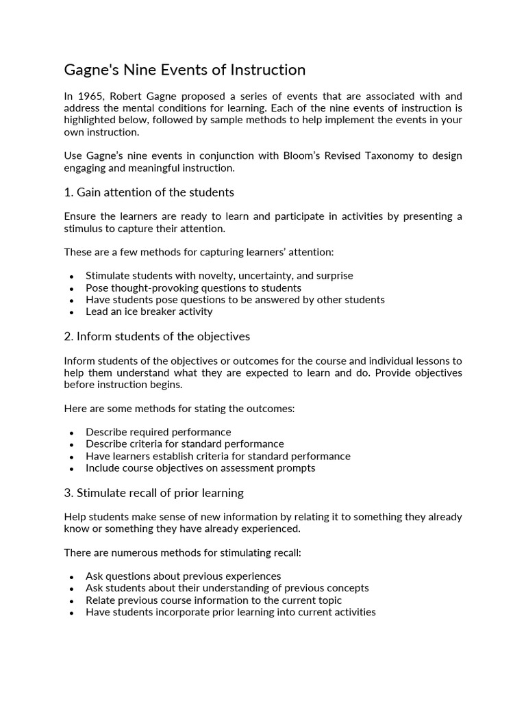 Gagnes 9 Events of Instruction | PDF | Learning | Educational Assessment