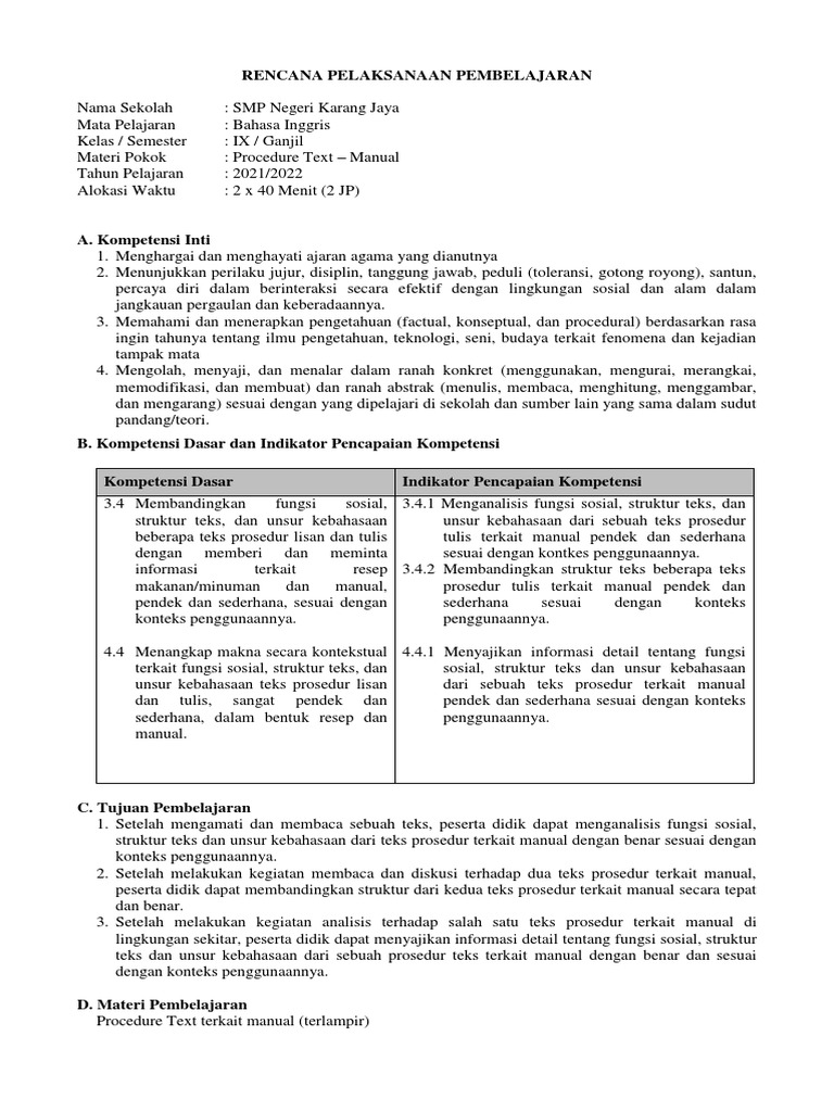 RPP - Prosedur Text - SMP Kelas 9 | PDF