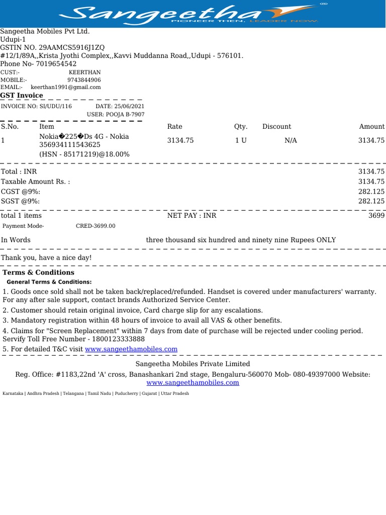 Sangeetha Bill 33052690 | PDF | Payments