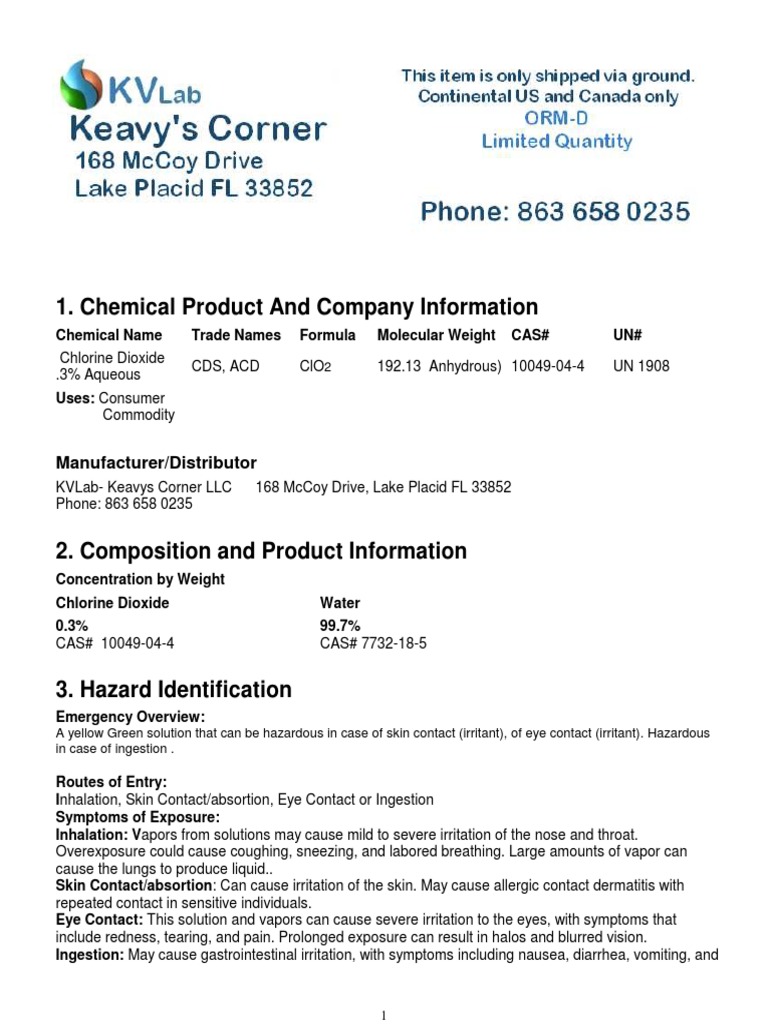 Msds Cds Chlorine Dioxide | PDF | Chlorine | Water