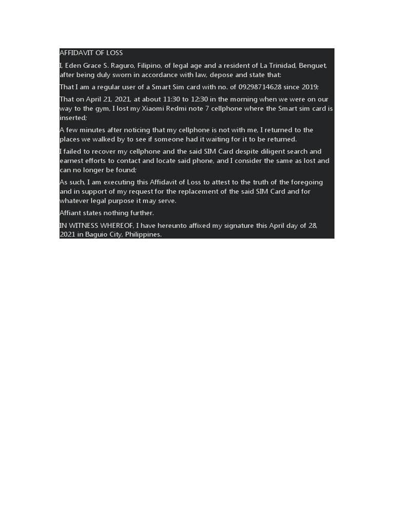 Affidavit of Loss | PDF | Finance & Money Management | Law