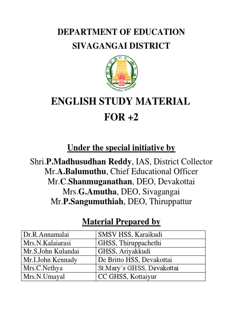 English Study Material FOR +2: Department of Education Sivagangai ...