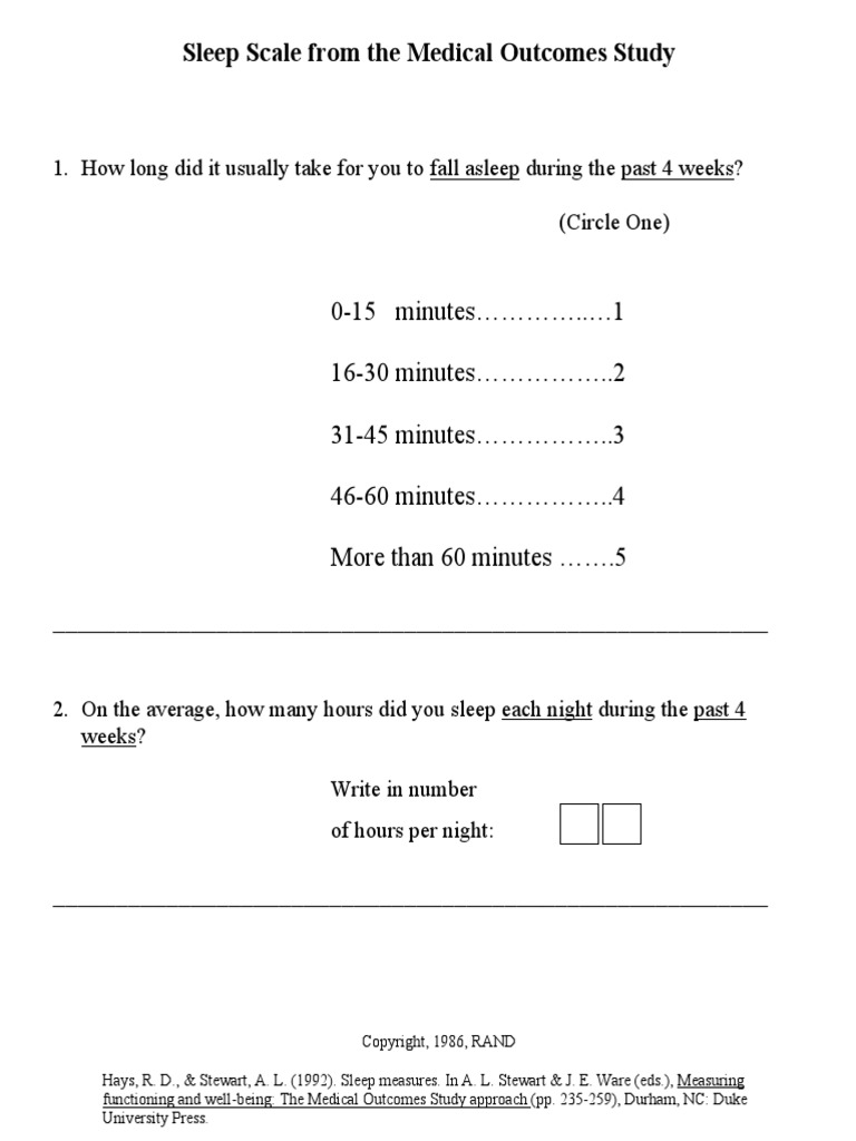 Sleep Scale From The Medical Outcomes Study | PDF | Psychological ...