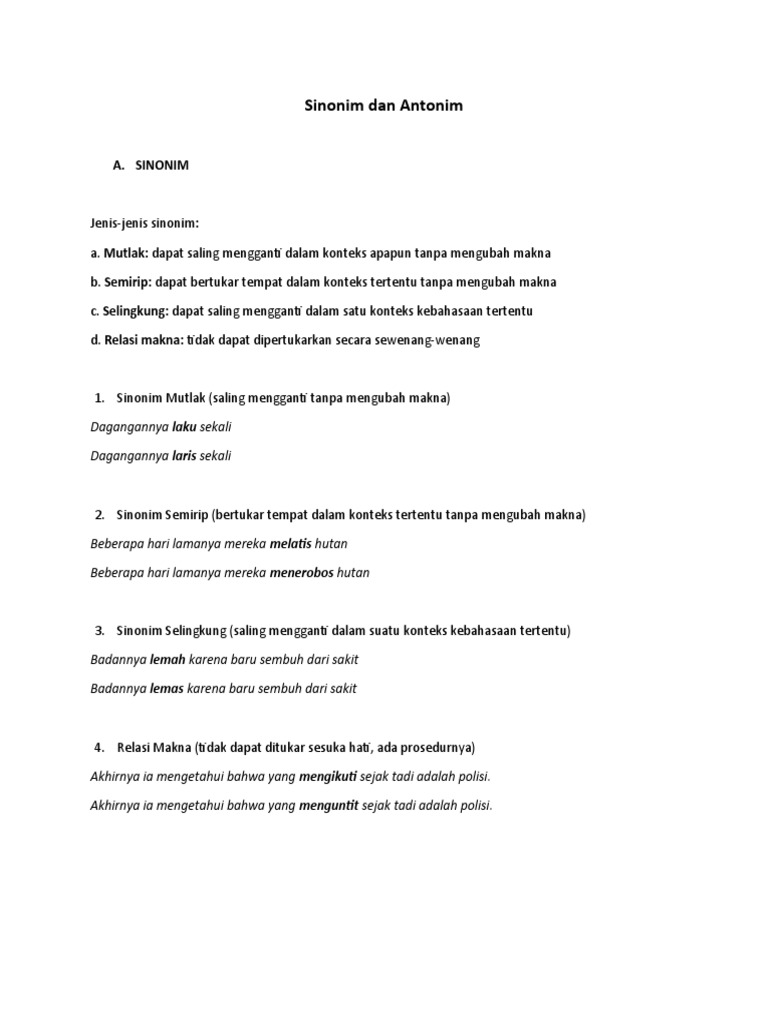 Sinonim dan Antonim: Jenis dan Contoh | PDF