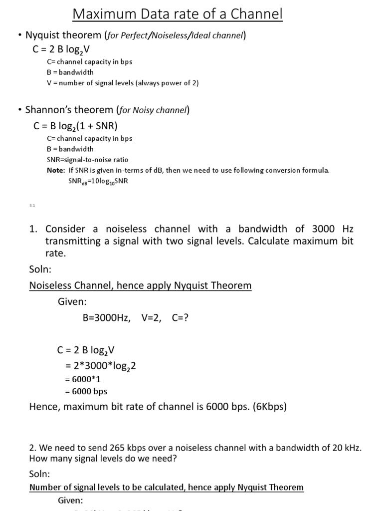Maximum Data Rate of A Channel: - Nyquist Theorem C 2 B Log V | PDF ...