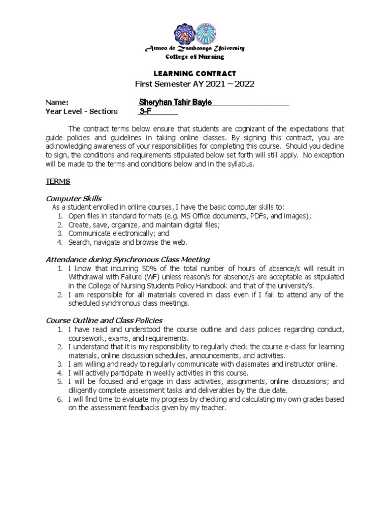 Nursing Online Class Learning Contract | PDF | Educational Technology ...
