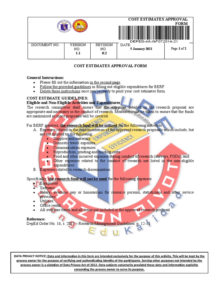 Cost Estimates Approval Form | PDF | Expense | Cost