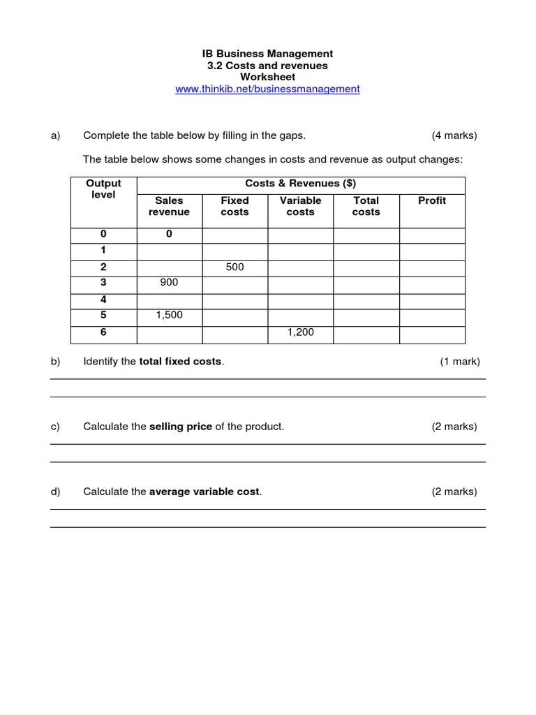 IB Business Management: Costs & Revenues Worksheet | PDF