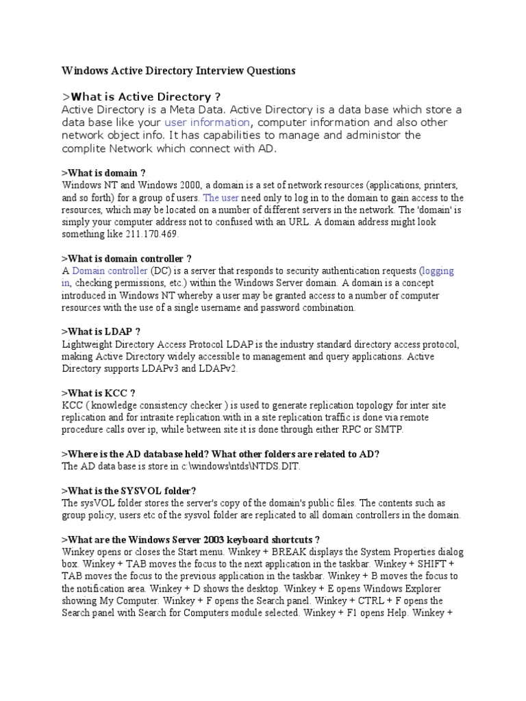 Windows Active Directory Interview Questions | PDF | Active Directory | Windows 2000
