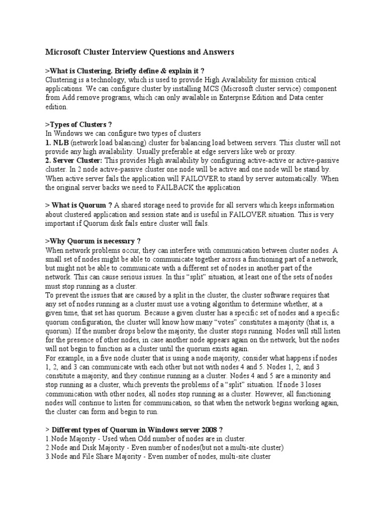 Microsoft Cluster Interview Questions And Answers Pdf Computer Cluster Windows Server 2003
