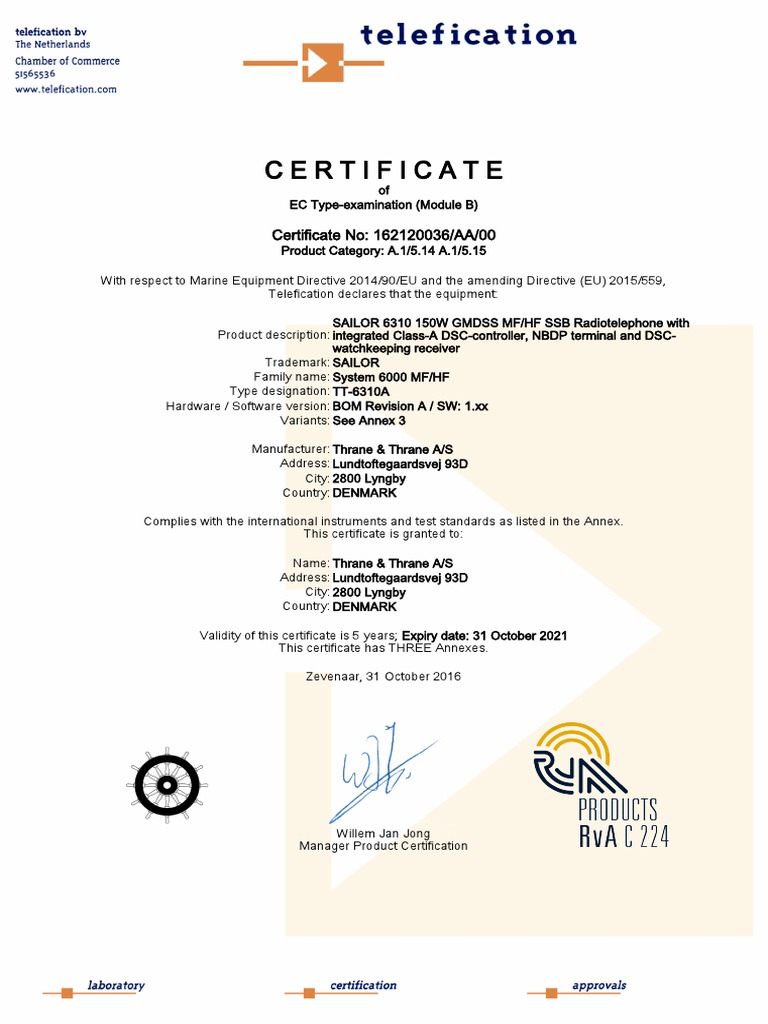 SAILOR 6310 MF/HF Certificate Overview | PDF | Electronics ...