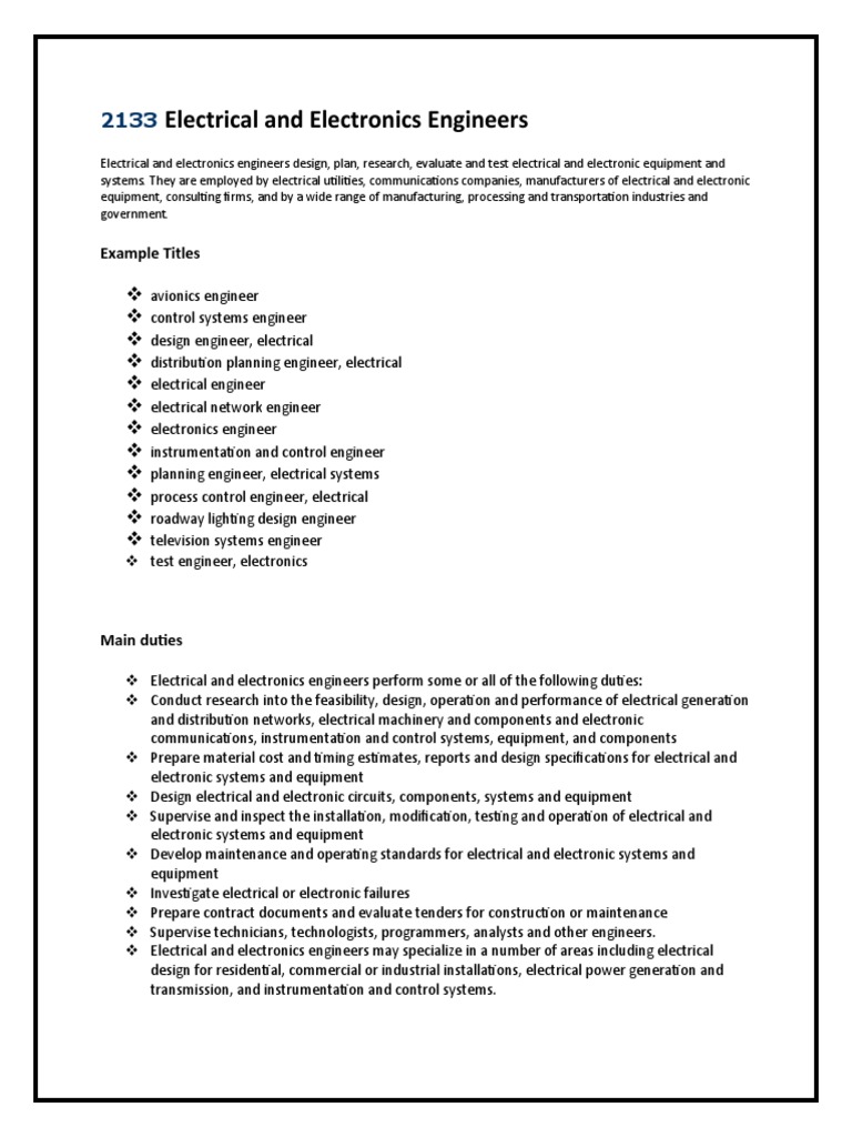 Electrical and Electronics Engineers: Example Titles | PDF ...