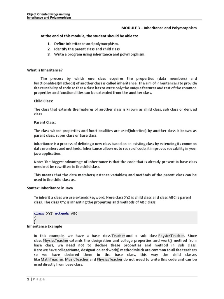 Module 3 Inheritance And Polymorphism Pdf Inheritance Object Oriented Programming 