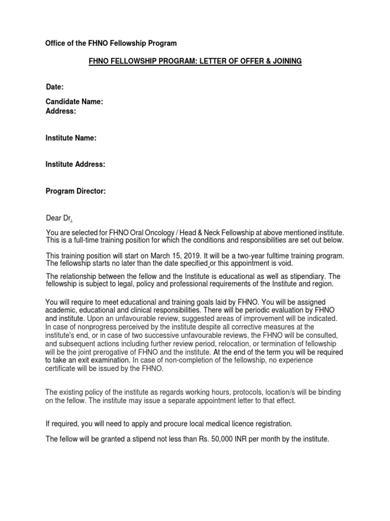 Office of The FHNO Fellowship Program Fhno Fellowship Program: Letter ...