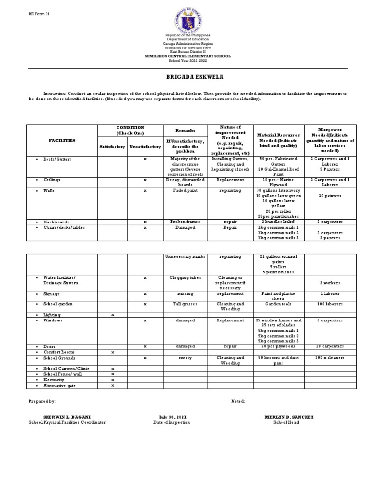 Brigada Eskwela: BE Form 01 | PDF | Carpentry | Building Engineering