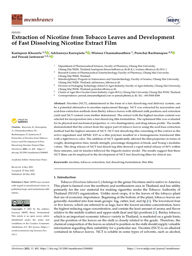 Membranes: Extraction of Nicotine From Tobacco Leaves and Development ...