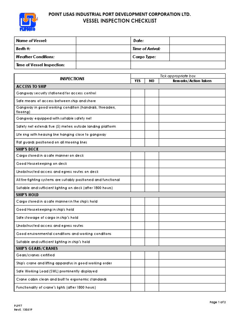 Vessel Inspection Checklist Form | PDF | Ships | Dangerous Goods