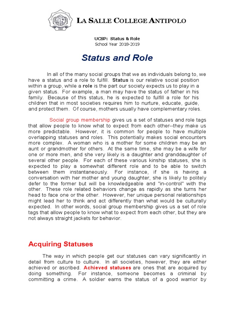 Status and Role: L S C A | PDF | Family | Social Group