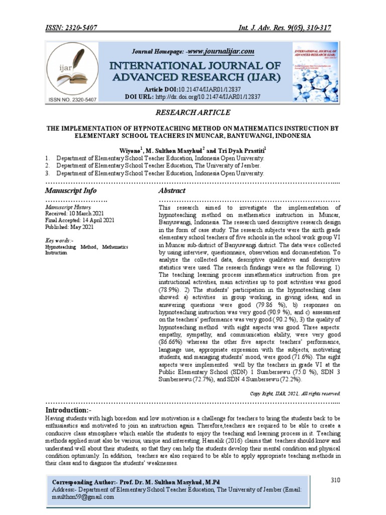 The Implementation of Hypnoteaching Method On Mathematics Instruction ...
