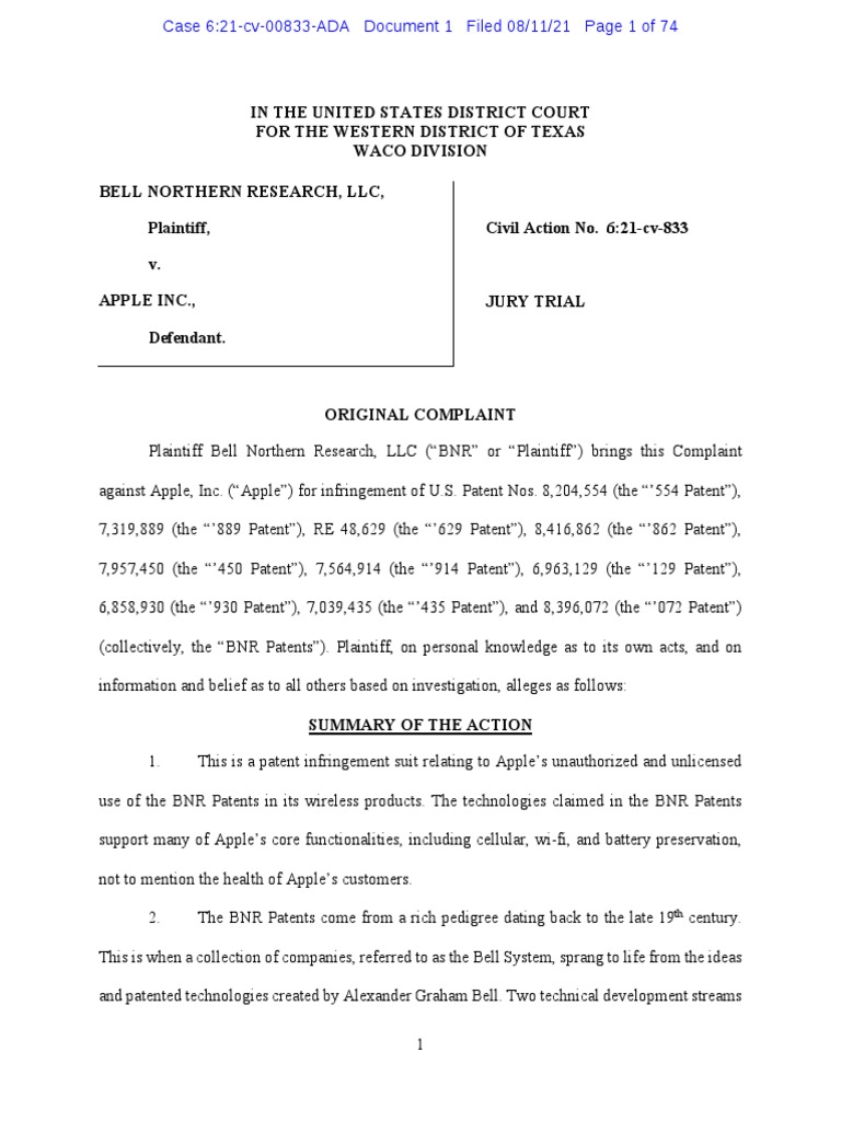 Bell Northern Research V Apple - Patent Infringement | PDF | Ieee 802. ...