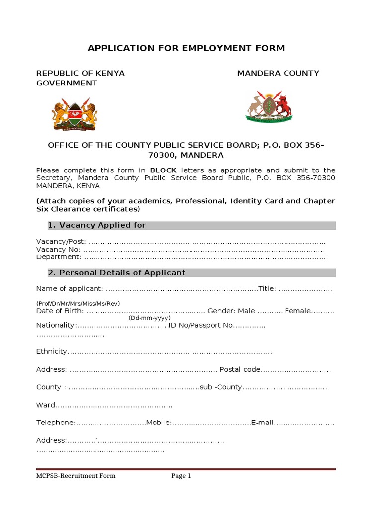 Application For Employment Form: Republic of Kenya Mandera County ...