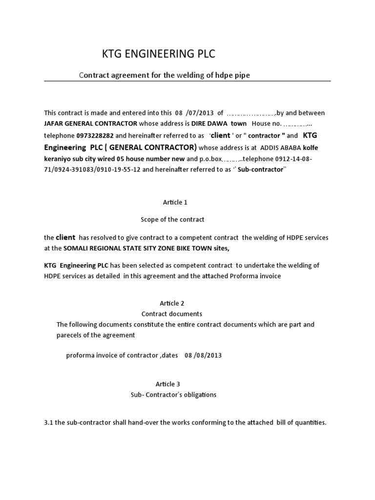 KTG Engineering PLC: Contract Agreement For The Welding of Hdpe Pipe ...