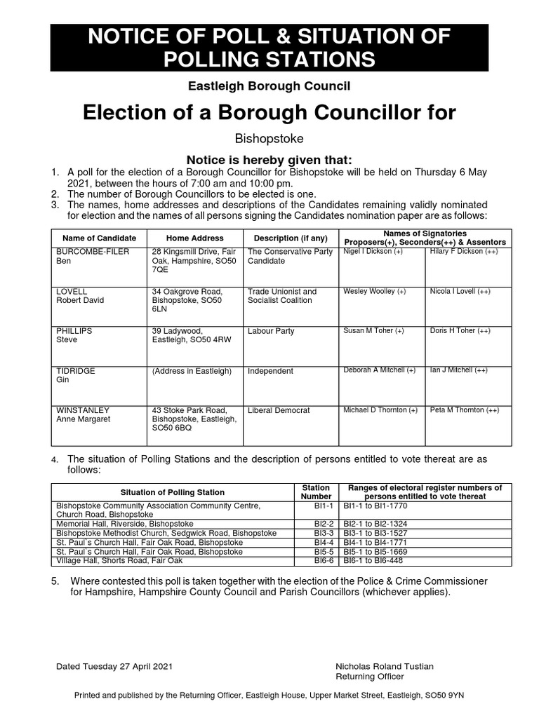 Notice of Poll and Situation of Polling Stations Borough | PDF | Government | Elections