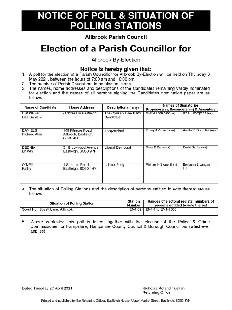 Allbrook Parish Council By-Election Notice | PDF | Democracy ...