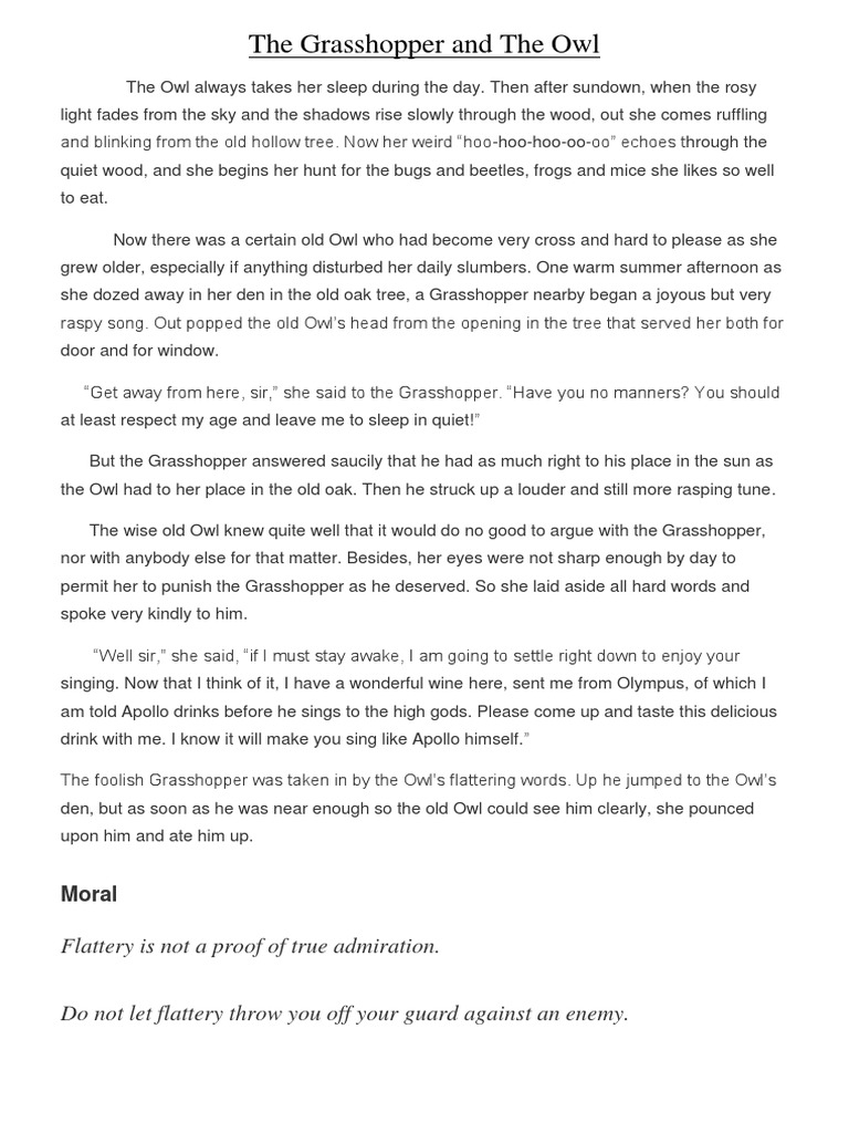 The Owl and the Grasshopper Fable | PDF | Poetry | Art