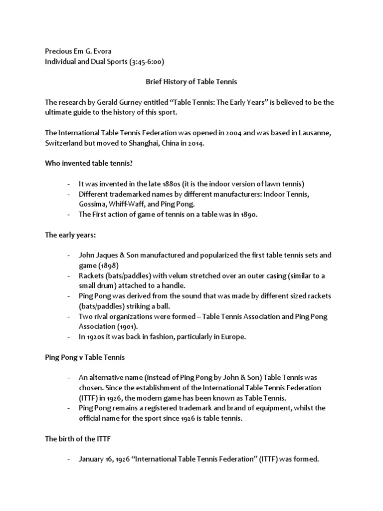 Brief History of Table Tennis | PDF | Table Tennis | Indoor Sports